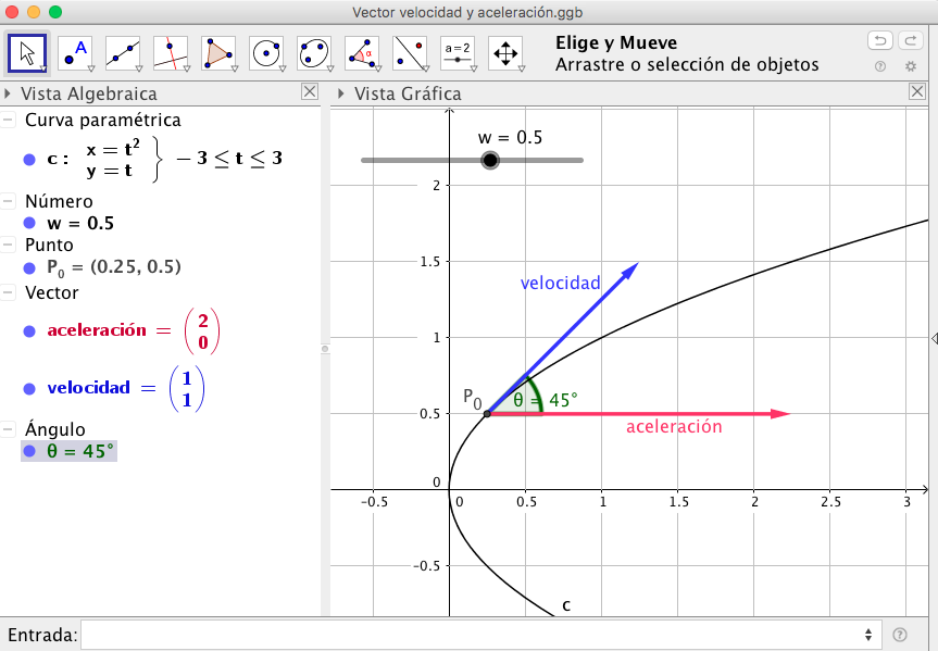 Graficando en geogebra. Vector velocidad, aceleración y ángulo. – david gc
