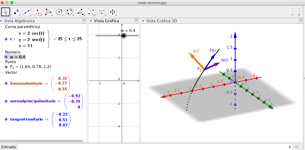 Graficando en geogebra. Triada de vectores Tangente unitario, Normal ...